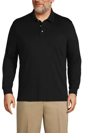 LANDS' END Long Sleeve Cotton Supima Polo Shirt With Pocket - Black