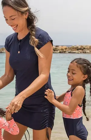 SNAPPER ROCK Ruched Short Sleeve Swim Dress - Navy