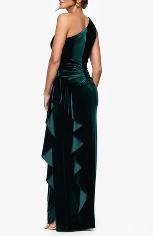 XSCAPE EVENINGS One-shoulder Ruffle Velvet Gown - Hunter