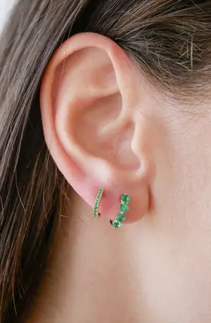 Ef Collection Diamond And Emerald Huggie Hoop Earrings