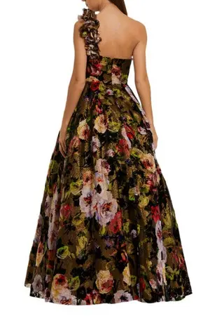 Mac Duggal One-shoulder Embossed Organza Gown With 3d Flowers