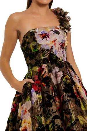 Mac Duggal One-shoulder Embossed Organza Gown With 3d Flowers