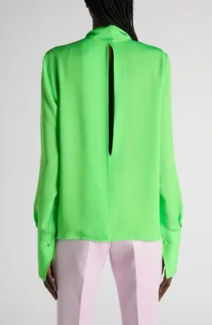 TOM FORD Keyhole Cutout Washed Silk Georgette Top - Green Flash