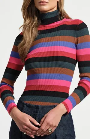 ISAAC MIZRAHI NEW YORK Striped Turtleneck Ribbed Sweater - Multi Stripe