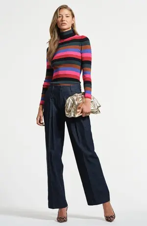 ISAAC MIZRAHI NEW YORK Striped Turtleneck Ribbed Sweater