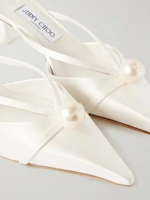 JIMMY CHOO Embellished Satin Mules - Neutrals