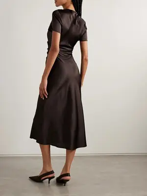 Staud Marcel Ruched Stretch-silk Charmeuse Midi Dress - Brown