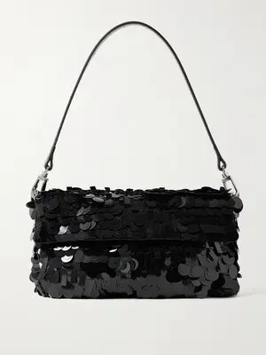 Staud Timmy Leather-trimmed Sequined Shoulder Bag