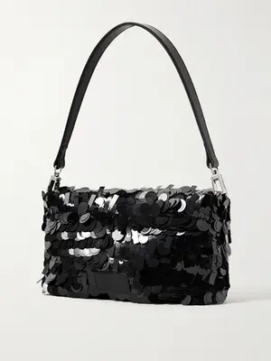 Staud Timmy Leather-trimmed Sequined Shoulder Bag