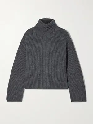 JOSEPH Ribbed Wool, Silk And Cashmere-blend Turtleneck Sweater - Gray