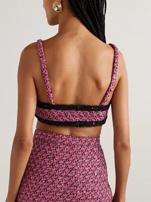 Alessandra Rich Embellished Frayed Trim Tweed Bralette