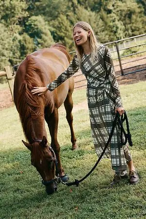 Anthropologie Ruched Mesh Midi Dress - Brown Plaid