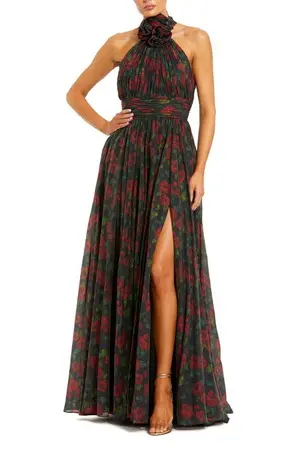 Mac Duggal Floral Chiffon Halter Neck Gown With Rosette Detail - Black Multi