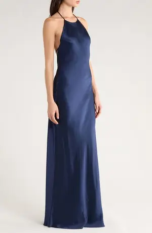 REFORMATION Jeany Silk Charmeuse Halter Dress - Navy