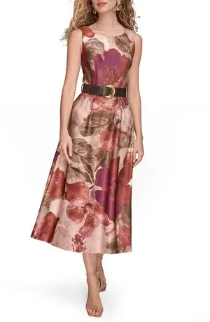 Donna Karan New York Floral Print Belted Midi Dress - Red