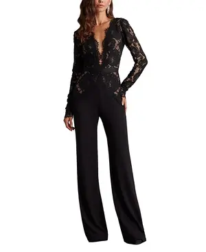 Tadashi Shoji Amaris Plunging Illusion Lace Jumpsuit - Black/nude