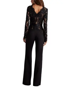 Tadashi Shoji Amaris Plunging Illusion Lace Jumpsuit - Black/nude