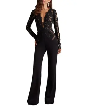Tadashi Shoji Amaris Plunging Illusion Lace Jumpsuit - Black/nude