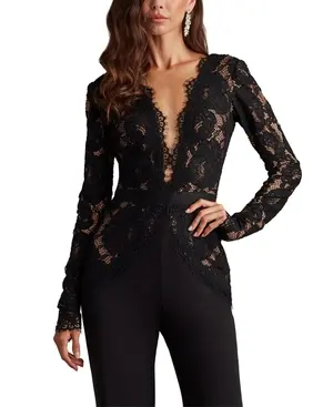 Tadashi Shoji Amaris Plunging Illusion Lace Jumpsuit - Black/nude
