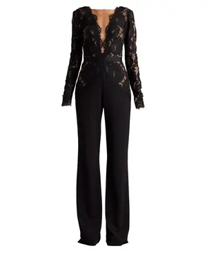 Tadashi Shoji Amaris Plunging Illusion Lace Jumpsuit - Black/nude
