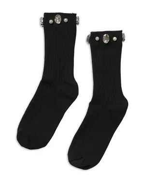 STEMS Crystal Embellished Ribbed Crew Socks - Black