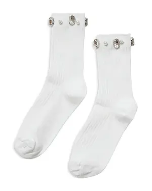 STEMS Crystal Embellished Ribbed Crew Socks - Cream