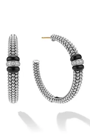 Lagos Caviar Ceramic Diamond Hoop Earrings - Sterling Silver
