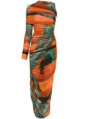 MUGLER Archive-print Asymmetrical Mesh Dress