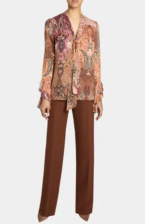 Santorelli Sienna Long Sleeve Printed Charmeuse Blouse