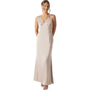 Coast Satin V-neck Maxi Dress With Bow Back Detail - Mocha