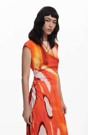 Desigual Cap Sleeve Ruched Maxi Dress