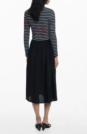 Desigual Long Sleeve Mixed Media Midi Dress