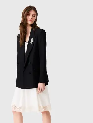 Maje Double-breasted Polyester Jacket With Removable Brooch