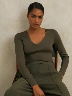 REISS Maeve Atelier Knitted Silk-blend Top - Khaki