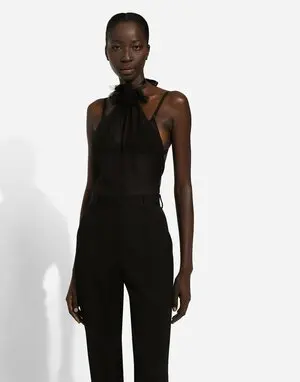 Dolce & Gabbana Silk Chiffon Halterneck Top With Flower - Black