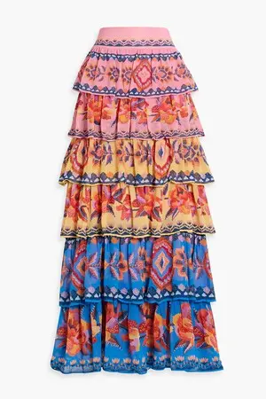 Farm Rio Ruffled Printed Georgette Maxi Skirt
