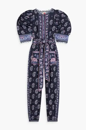 Farm Rio Printed Cotton-poplin Jumpsuit With Crochet Trims - Navy