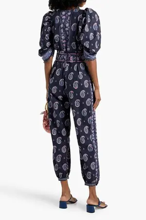 Farm Rio Printed Cotton-poplin Jumpsuit With Crochet Trims