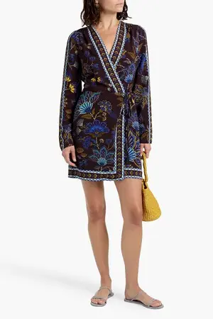 Farm Rio Printed Crepe Mini Wrap Dress