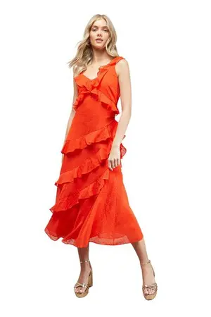 OASIS Dobby Ruffle V-neck Tiered Midi Dress - Orange