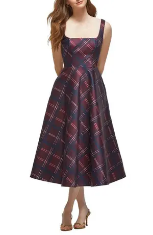 Dessy Collection Tartan Square Neck Fit-and-flare Midi Dress