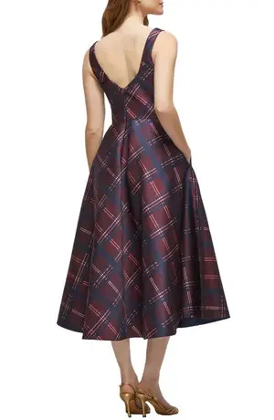 Dessy Collection Tartan Square Neck Fit-and-flare Midi Dress