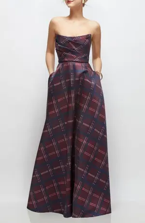 Dessy Collection Tartan Strapless Gown