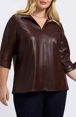 Foxcroft Agnes Faux Leather Popover Top - Chicory Coffee