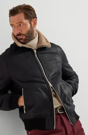 Brunello Cucinelli Nubuck Shearling Bomber Jacket - Black