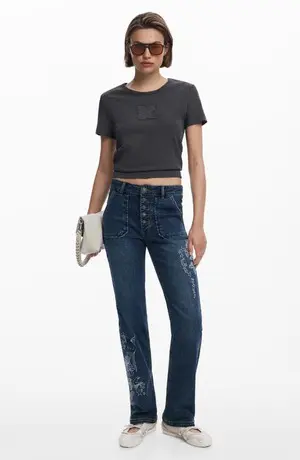 Desigual Embroidered Detail Button-fly Jeans - Blue