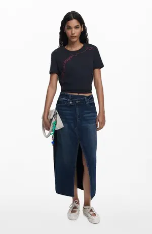 Desigual Mixed-media Denim Midi Skirt