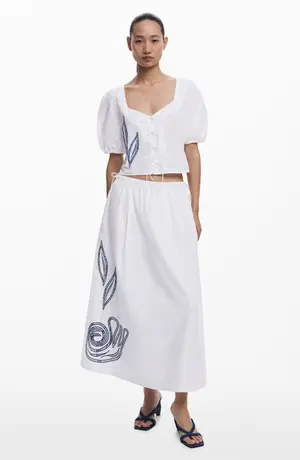 Desigual Embroidered Drawstring Cotton Maxi Skirt