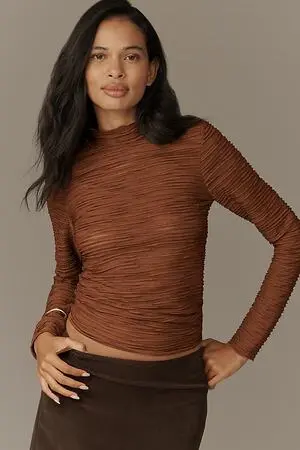 PILCRO Metallic Textured Turtleneck Top - Dark Orange