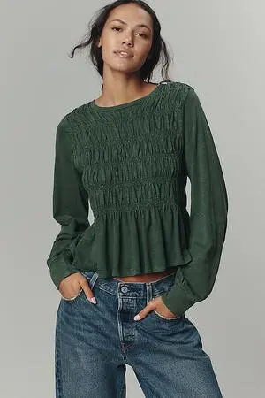 PILCRO Long-sleeve Smocked Top - Forest Green